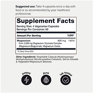 Toniiq 3,000mg Ultra High Strength Magnesium Glycinate - 20% Purified to Contain 600mg of Elemental Magnesium - Chelated and Bioavailable Magnesium Supplement - 240 Veggie Capsules
