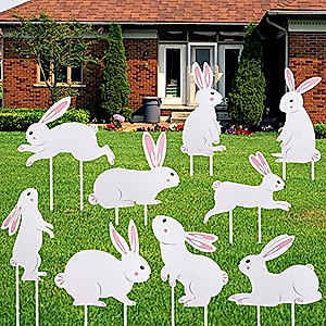 Set of 9 Easter Bunny Yard Signs Bunny Garden Lawn Signs Easter Plastic Outdoor Yard Signs White Rabbits Yard Decoration with Stakes for Easter Party Supplies Photo Props Patio Walkway