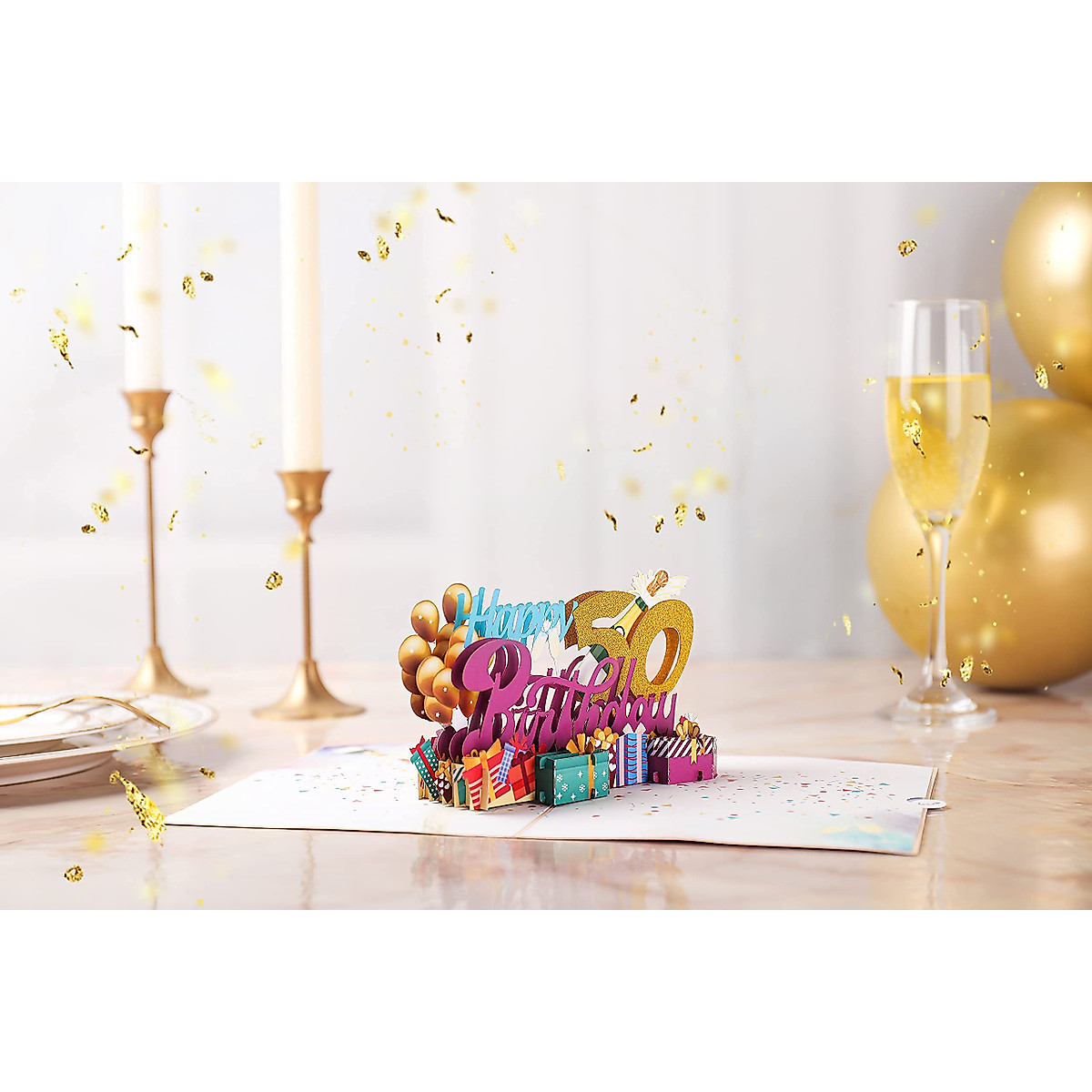 Liif 50th Birthday 3D Greeting Pop Up Card, Happy 50th Birthday Card For Women, Men, Husband - Balloon, Champagne, Funny, Fifty, Celebration| With Message Note & Envelop | Size 8" X 6"
