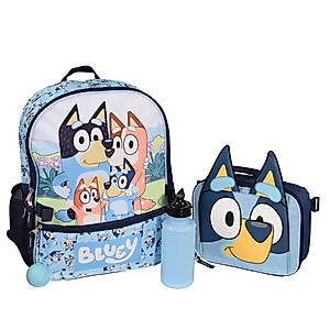 Bluey Girls & Boys Toddler 4 Piece Backpack Set for Kindergarten , School Bag with Front Zip Pocket, Mesh Side Pockets, Insulated Lunch Box, Water Bottle, and Squish Ball Dangle
