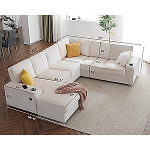 PaPaJet U Shaped Sofa, 7 Seater Sofa with USB Ports, Sectional Sofa Couch with Storage Chaise, Corduroy Beige