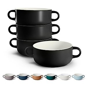 Kook Soup Crocks, Ceramic Bowls, Broil, Oven, Microwave and Dishwasher Safe, with Handles, For Casserole, Pasta, Cereal, 18 oz, Set of 4 (Black)