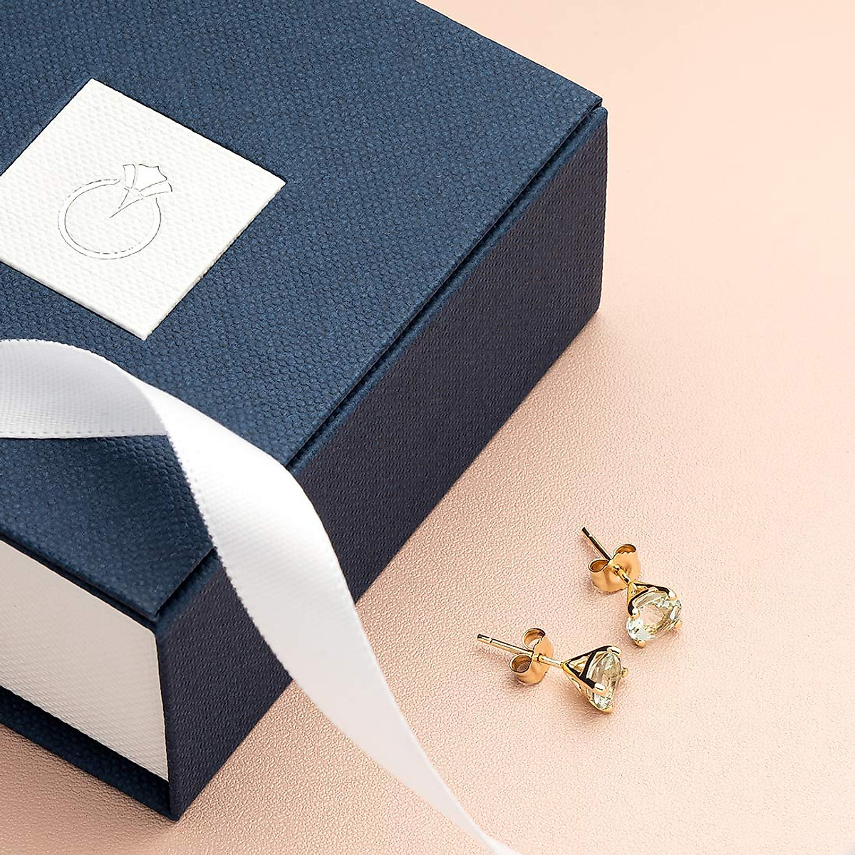 Peora 14K Yellow Gold Green Amethyst Stud Earrings for Women, Genuine Gemstone Birthstone, Round Shape, 6mm, 1.50 Carats total, Friction Back