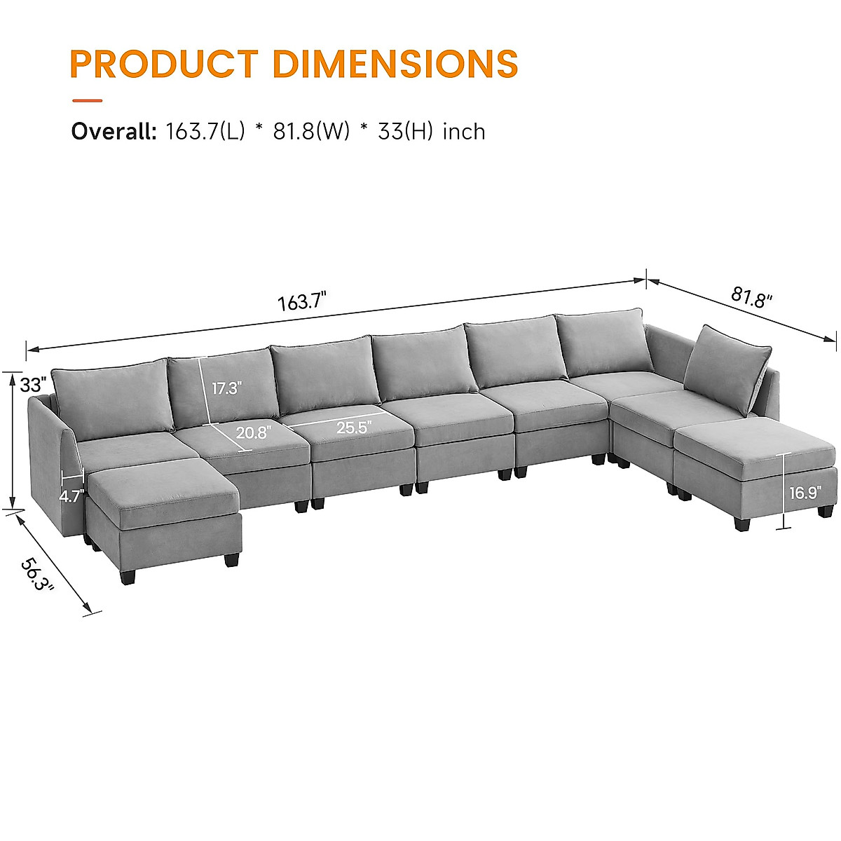 GAOMON 163'' Sectional Sofa with Storage Seats,9 Seat Convertible U Shaped Sofa with Large Reversible Chaise, Linen Fabric Modular Sofa Sectional Couches with Ottomans for Living Room,Grey