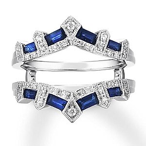Emerald & Round Cut Created Blue Sapphire & Simulated Diamond Enhancer Wrap Wedding Band Ring For Women In 14k White Gold Plated 925 Sterling Silver (7.5)