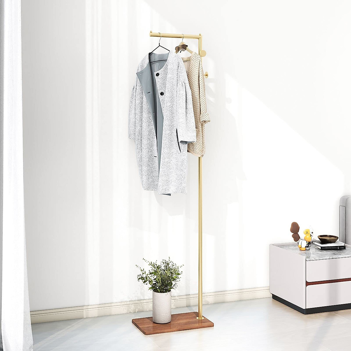 Xegulg Clothes Rack, Coat Rack Freestanding Metal, 3 Round Hooks and Stable Base, At Home Doorway Bedroom Hotel Office Hall Tree for Coats, Hats, Scarves, Clothes and Handbags,Gold