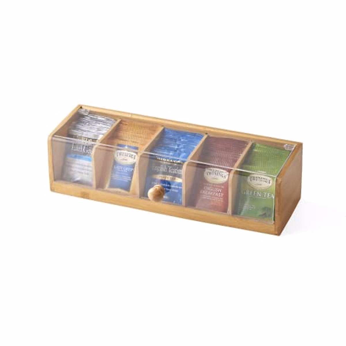 Nifty Solutions Bamboo Tea Box | 5 Compartment Tea Bag Storage | Stores up to 100 Tea Packets | Natural Wooden Tea Box | Tea Storage Containers | Organize Tea, Jewelry & Small Items