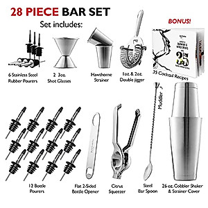 JoyTable Bar Set Cocktail Shaker Set, Stainless Steel Mixology Bartender Kit, 28PC Cocktail Kit, Silver Cocktail Set, Bar Tools: 30oz Martini Shaker, Muddler, Bar Kit Cocktail Book, Jigger and Pourers