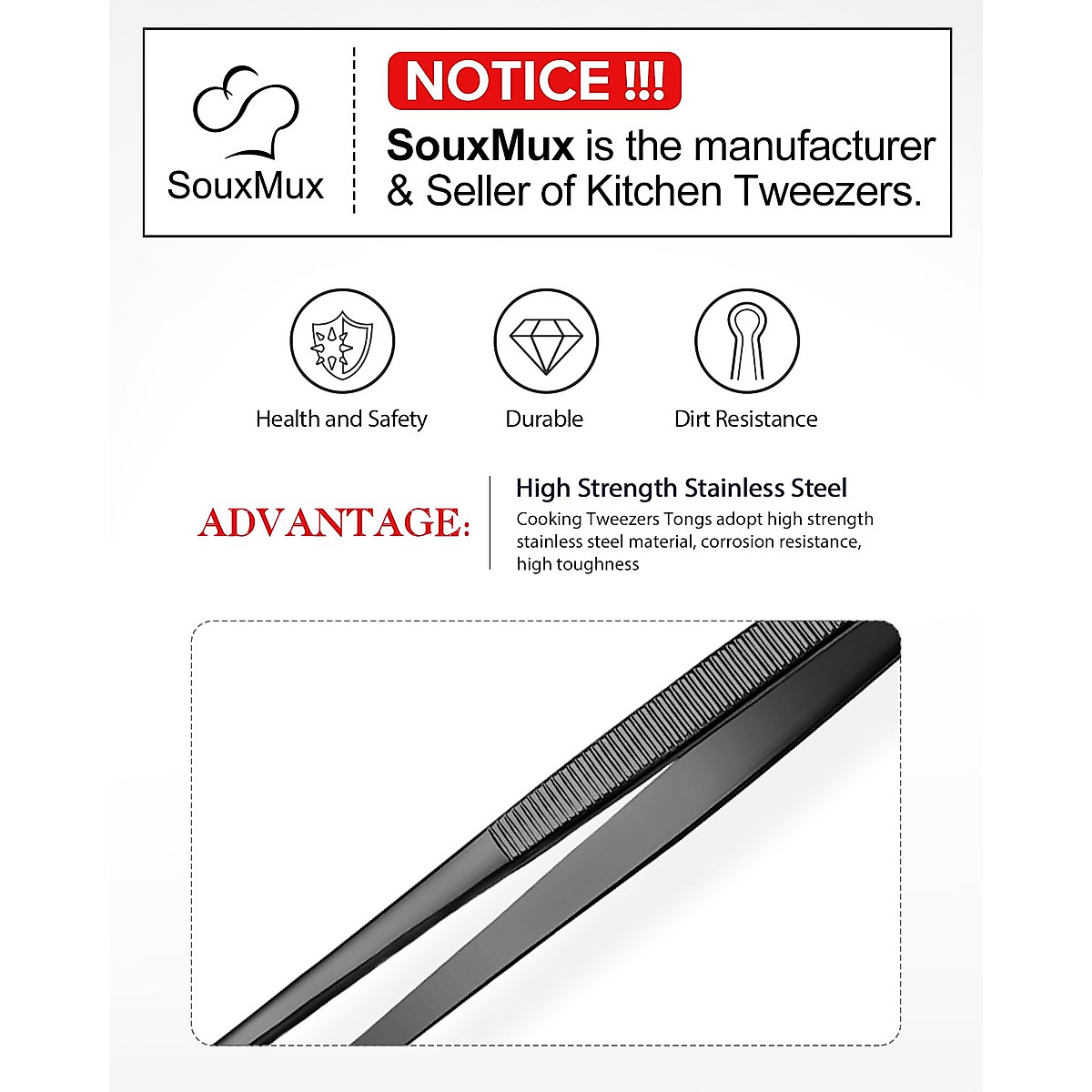 2 Pcs 10-inch Cooking Tweezers Tongs Precision Serrated Tips, Stainless Steel Professional Chef Tweezer Kitchen Tools for BBQ, Plating and Serving (Black)