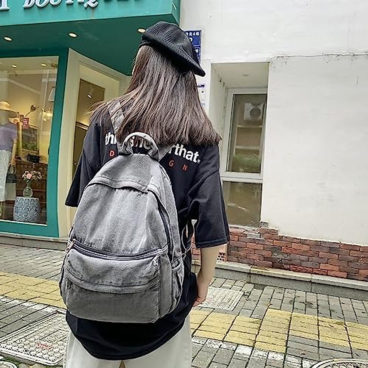 JHTPSLR Preppy Backpack Denim Backpack Vintage Aesthetic Backpack Cowboy Backpack Solid Denim Book Bags Casual Daypack Backpack Supplies (Smoke Grey)