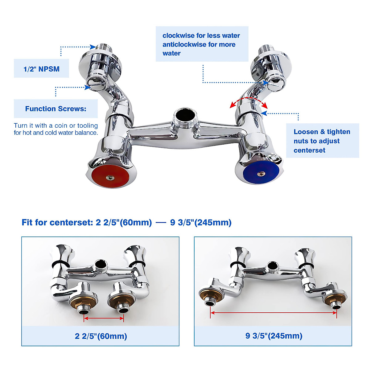 MaxSen Wall Mount Faucet 4 inch to 8 Inch Adjustable Center 25" Height Brass Commercial Kitchen Sink Faucet with Sprayer Pre-Rinse Faucet with 8 Inch Add on Spout Fit for Restaurant and Hotel