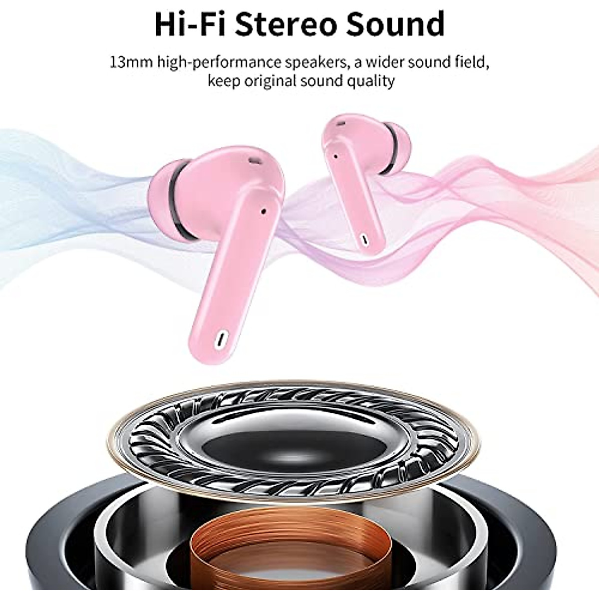 Active Noise Cancelling Wireless Earbuds in-Ear Bluetooth Headphones, IPX7 Waterproof Hi-Fi Stereo Earphones for Smart Phone Computer Laptop (Pink)