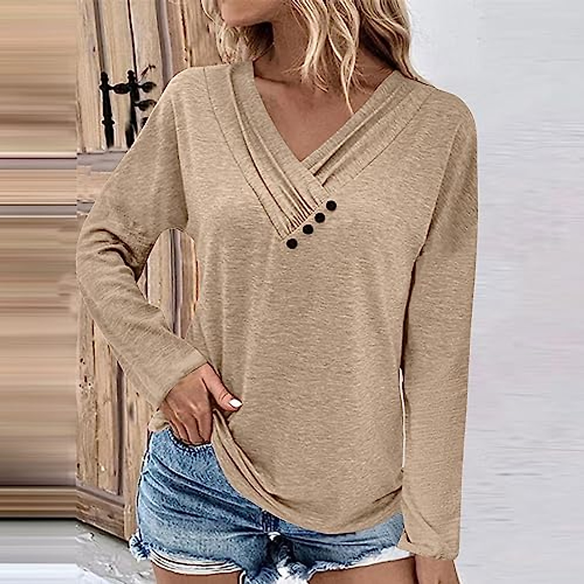 Womens Fall Fashion 2023 Casual Clothes Long Sleeve Shirts Plus Size Going Out Tops Blouses for Women Dressy Clothing Tunics Or Tops to Wear with Leggings Loose Fit Vacation Outfits(A Khaki,Medium)