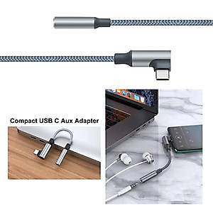 DCHAV Right Angle USB C to 3.5mm Audio Adapter Headphone Jack USBc 3.5 mm Cable Aux USB Type C Cord Male Female Dongle DAC Chip for Android Phone Tablet Laptop Speaker Microphone Car Stereo, Grey