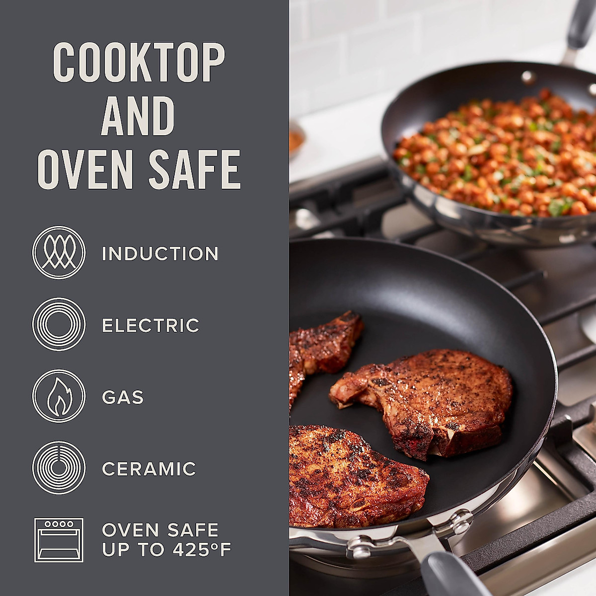 Zakarian by Dash TruPro Nonstick Stainless Steel 8" + 10" Fry Pan Set- Grey