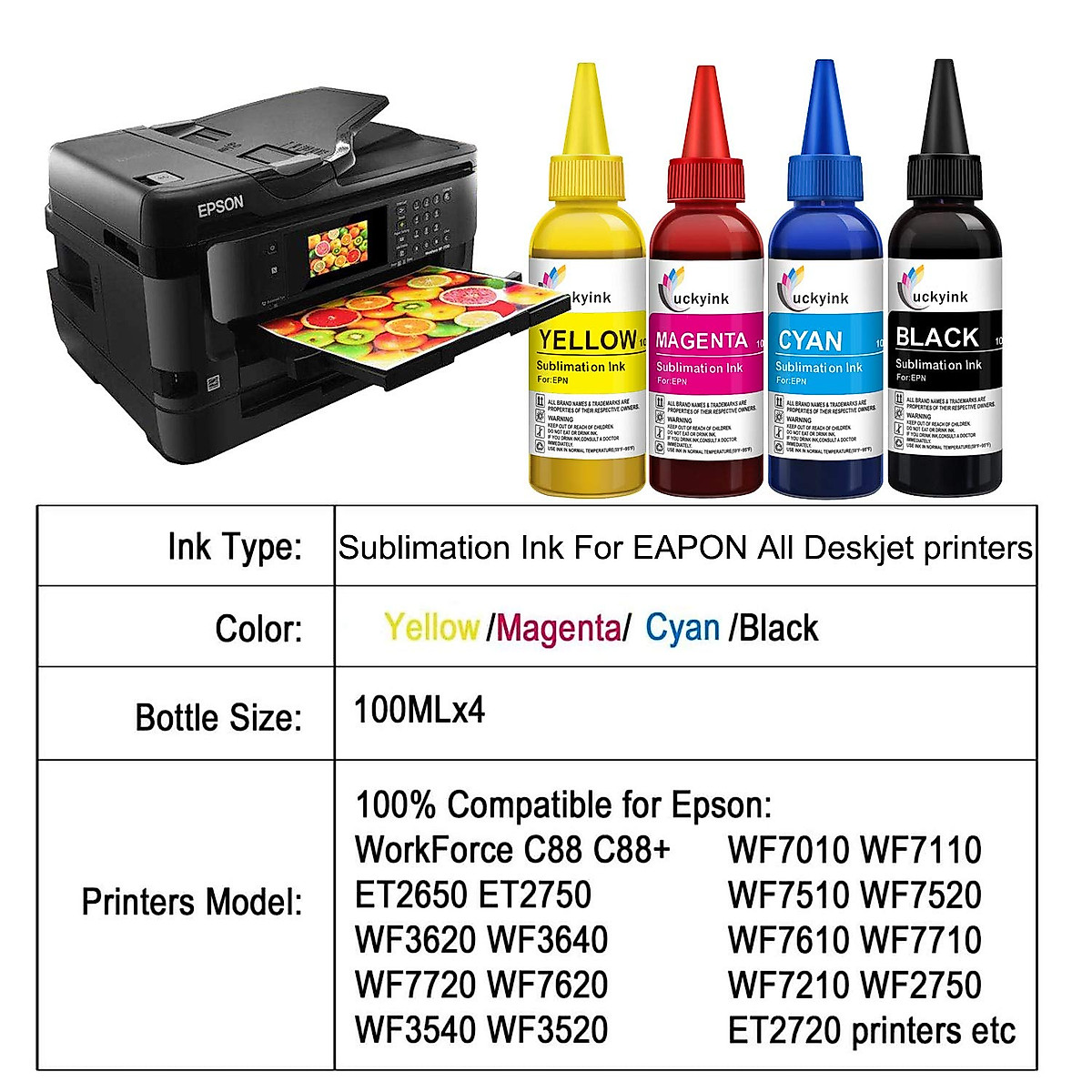 Luckyink Sublimation Ink Refill for Ecotank ET2720 ET2760 ET4700 WF7710 WF7720 WF7210 WF3640 WF3620 WF7110 C88 C88+ Printer Heat Press Transfer on Cloth, Pillow Case, Cap, Bag with sublimation printer