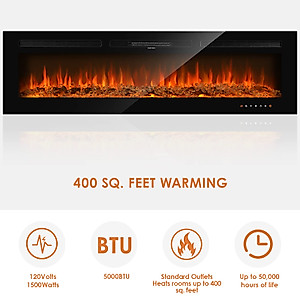 AthLike 60'' Recessed and Wall Mounted Electric Fireplace, 750/1500W Low Noise Linear Heater, with Multicolor Flame and 5 Flame Brightness, Log&Crystal, Touch Screen Remote Control,1-8h Timer, Black
