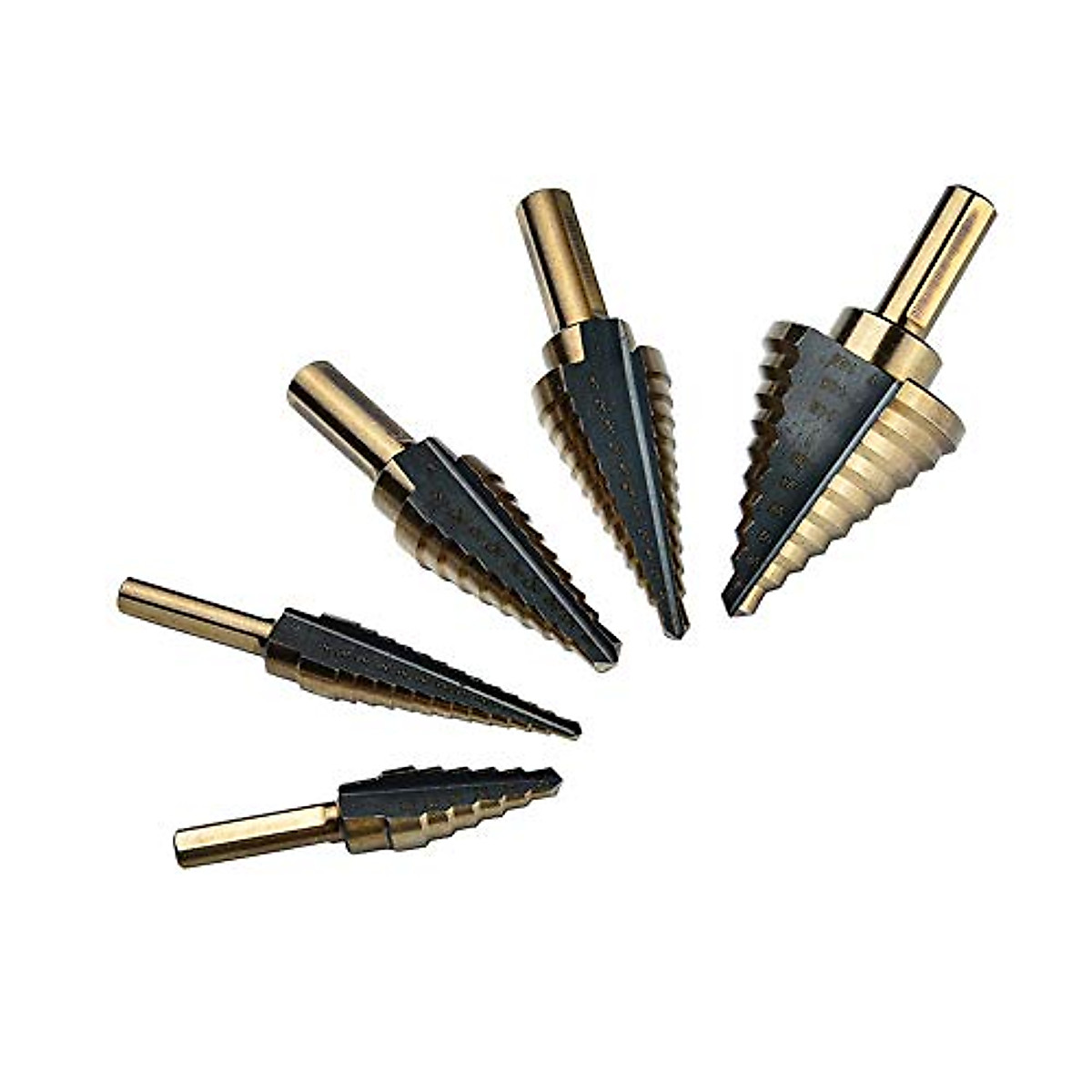 Meichoon HSS Step Drill Bit Set 5Pcs 1/4-1-3/8" 3/16-7/8" 1/4-3/4" 1/8-1/2" 3/16-1/2", British System Titanium Coated Triangle Shank Multifunction Pagoda Drill DC14