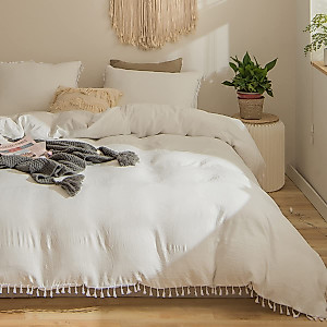 MOOWOO Boho Chic Bedding Twin Size,2 PC White Tufted Tassel Duvet Cover Set,Aesthetic Bedding,Solid,Soft and Breathable with Zipper Closure & Corner Ties