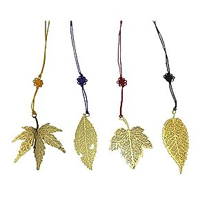 yueton 4pcs Vintage Golden Metal Leaf Maple Leaves Bookmark with Color Knotting Strap, Great Gifts
