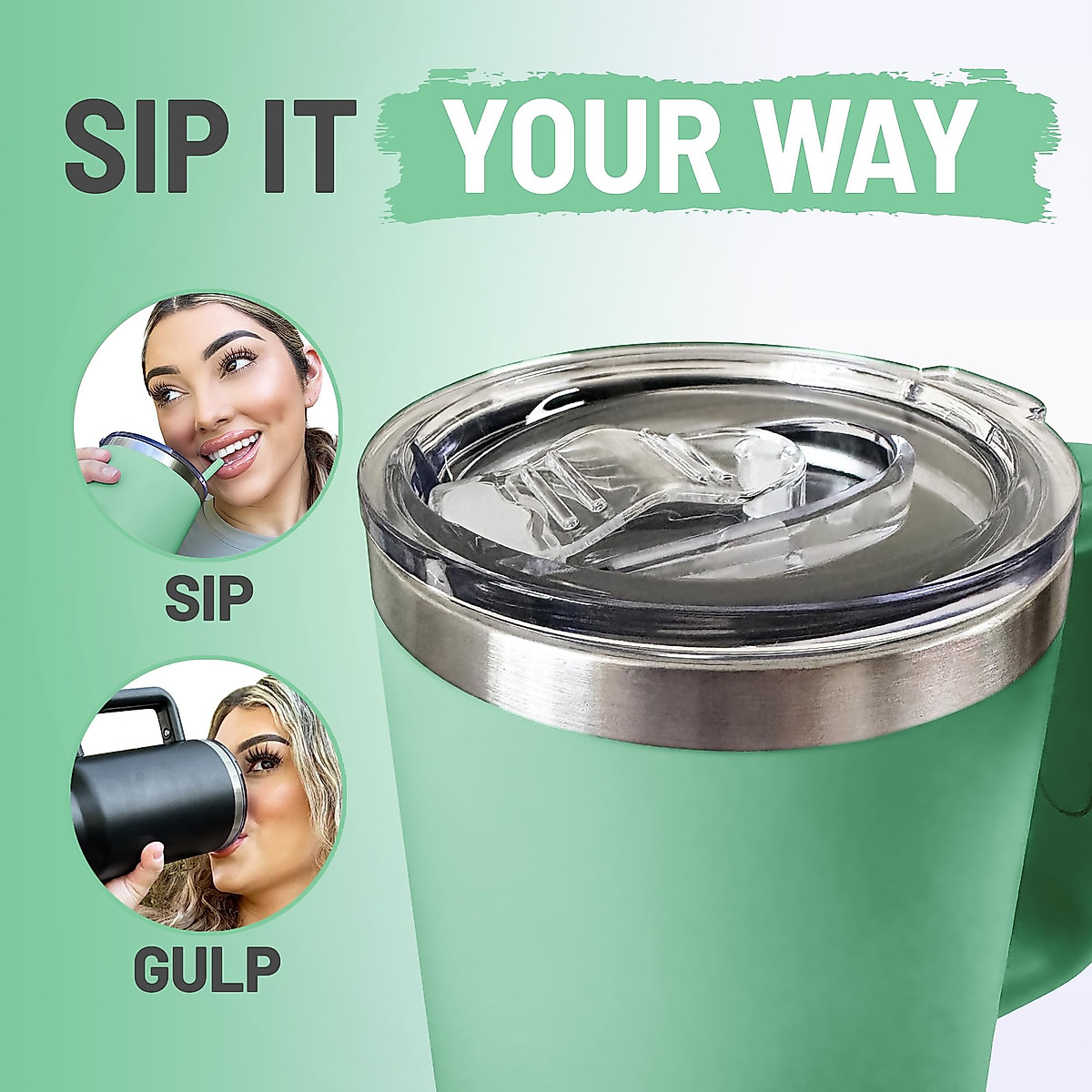 Crave Cups 40oz Tumbler with Lid and Straw l Reusable Spill Proof Double Wall Insulated Stainless Steel Water Bottle Travel Mug l Cupholder Friendly Vacuum Sealed Tumbler with Handle (Seafoam)