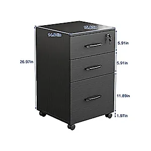 YQ JENMW File Cabinet 3 Drawers with 1 Lock, Wooden Rolling Mobile Filing Cabinet, Under Desk File Cabinet with Wheels, Removable File Cabinet for Home Office,Office Storage Cabinet Under Desk,Black