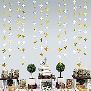 40Ft Gold and White Peace Doves Olive Leaf Cross Paper Garland Streamer for Spring Wedding Bridal Baby Shower Birthday Engagement First Holy Communion Religious Christian Baptism Tea Party Decorations
