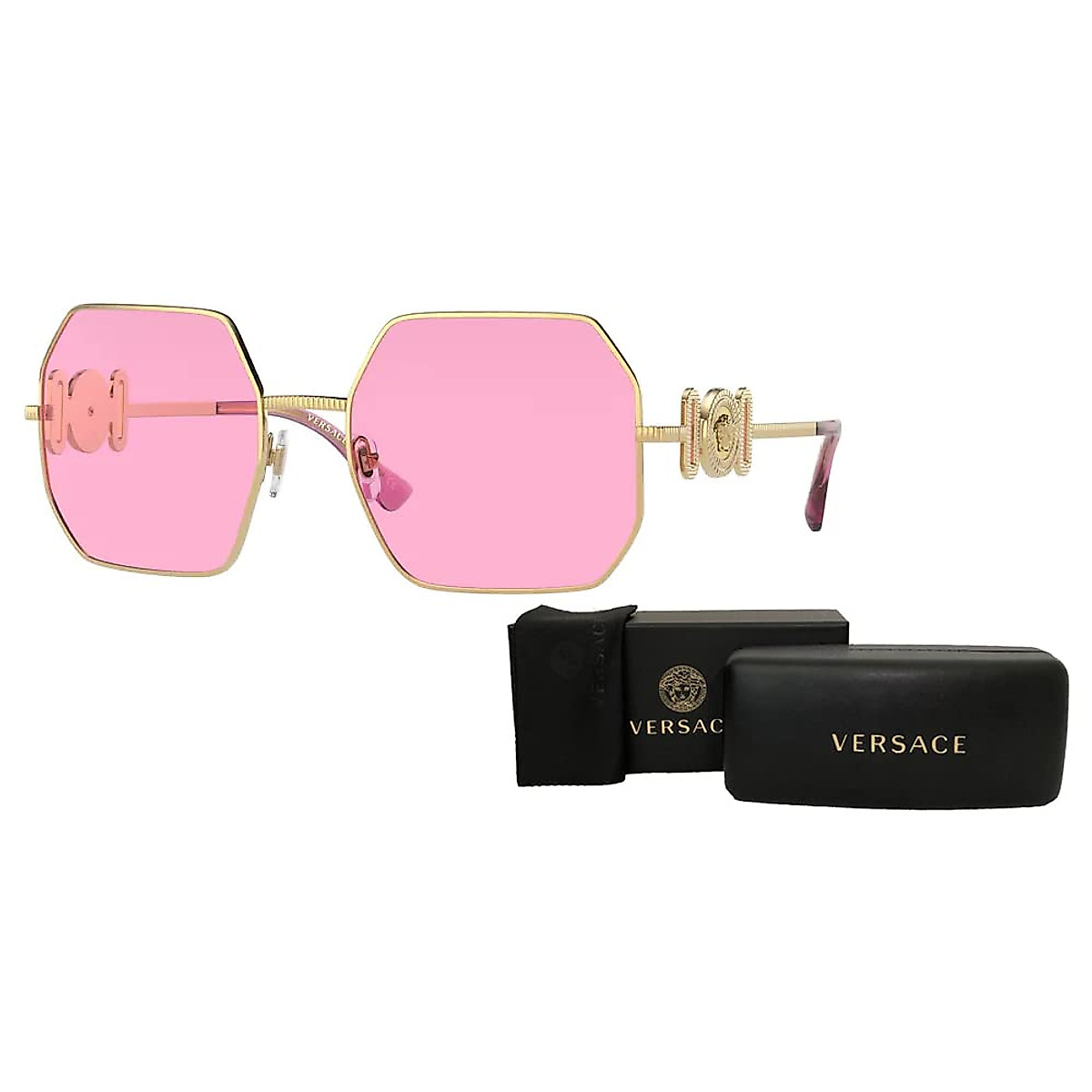 Versace VE2248 1002/5 58MM Gold/Fuchsia Hexagonal Sunglasses for Women + BUNDLE With Designer iWear Eyewear Kit