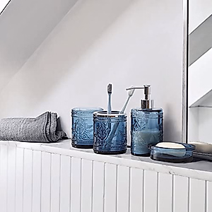 5PCs Dark Blue Glass Bathroom Accessories Set with Decorative Pressed Pattern - Includes Hand Soap Dispenser & Tumbler & Soap Dish & Toothbrush Holder & Wastebasket