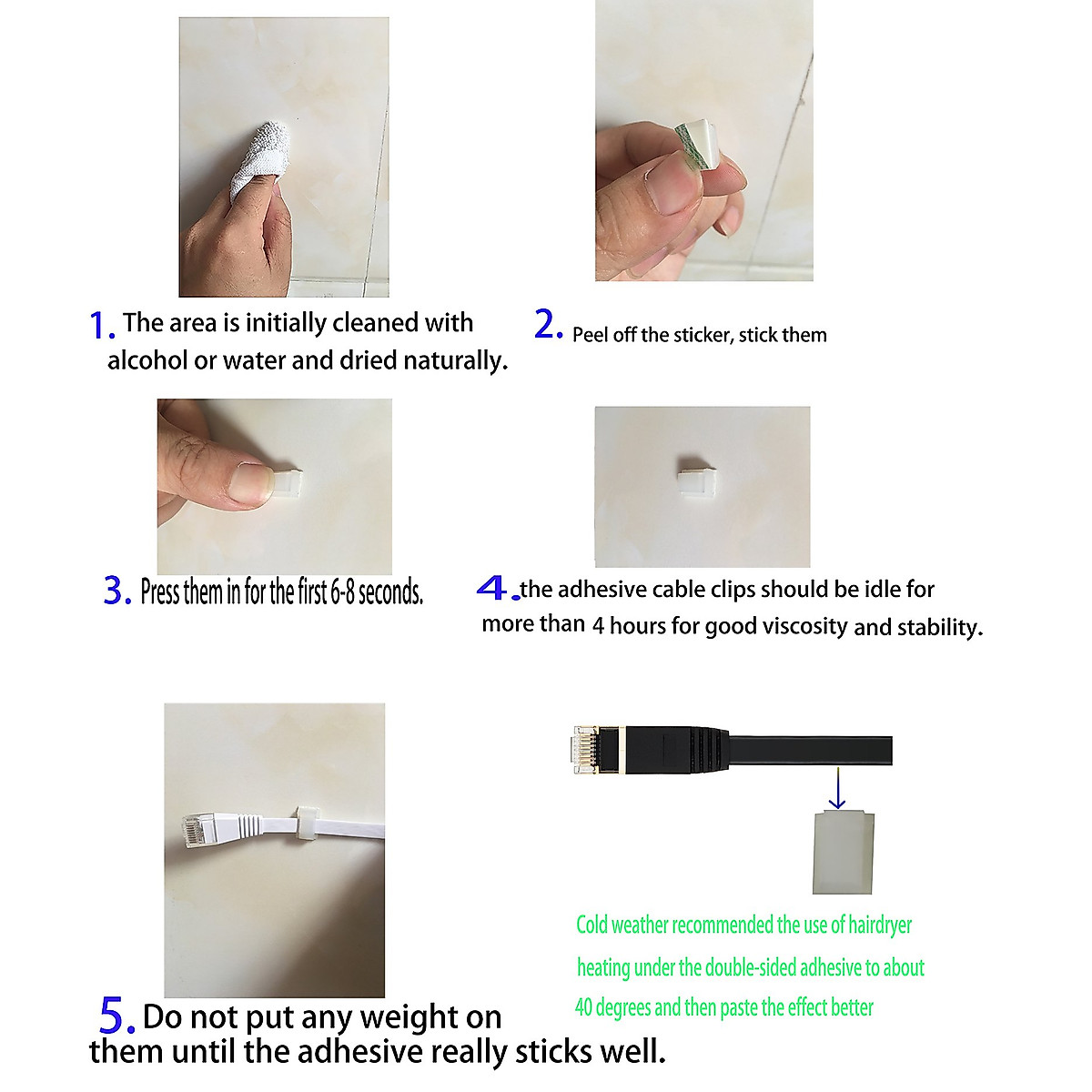 Ruaeoda Ethernet Cable Clips, 60 Pack 8mm Self-Adhesive Wire Clips, Cord Clamp Cable Management for Cat6 Cat5 and Cat7 Flat Ethernet Cable(White)