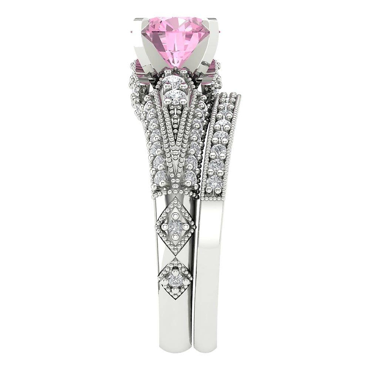 Clara Pucci 2.10ct Round Cut Solitaire Accent Pink Simulated Diamond Engagement Promise Bridal Ring Band set 14k White Gold 8