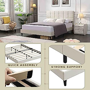 RIDFY Queen Bed Frame with Fabric Headboard, Upholstered Platform Bed Frame, Heavy Duty BedFrame with Wood Slat Support, Mattress Foundation/No Box Spring Needed/Easy Assembly (Beige)