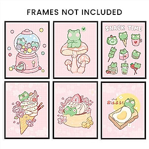 L&B CREATIONS Kawaii Room Decor Frog Art Drawings - Set of 6 Pink Kawaii Posters, Cute Japanese Aesthetic Anime Wall Art Prints for Girls Bedroom (Unframed 8x10)