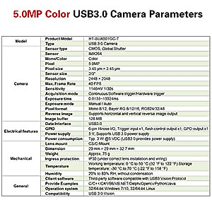 HTENG VISHI High Speed USB3.0 Color 5.0MP 2/3" Machine Vision Global Shutter Digital Industrial Camera C-Mouth Supports Windows and Linux SDK Area Scan Camera Sensor 2448x2048 40FPS