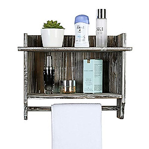 MyGift Wall Mounted Torched Wood Bathroom Shelf Organizer, 2 Tier Display Rack with Hanging Towel Bar
