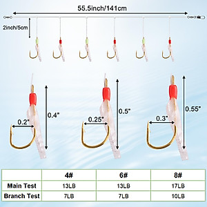OROOTL Fishing Bait Rigs Saltwater, 6 Packs Surf Fishing Rigs with Sharp Hooks Fish Skin Feather Swivel Snap Glow Saltwater Lures Sea Bass Cod Herring Hook Rig Size 4 6 8