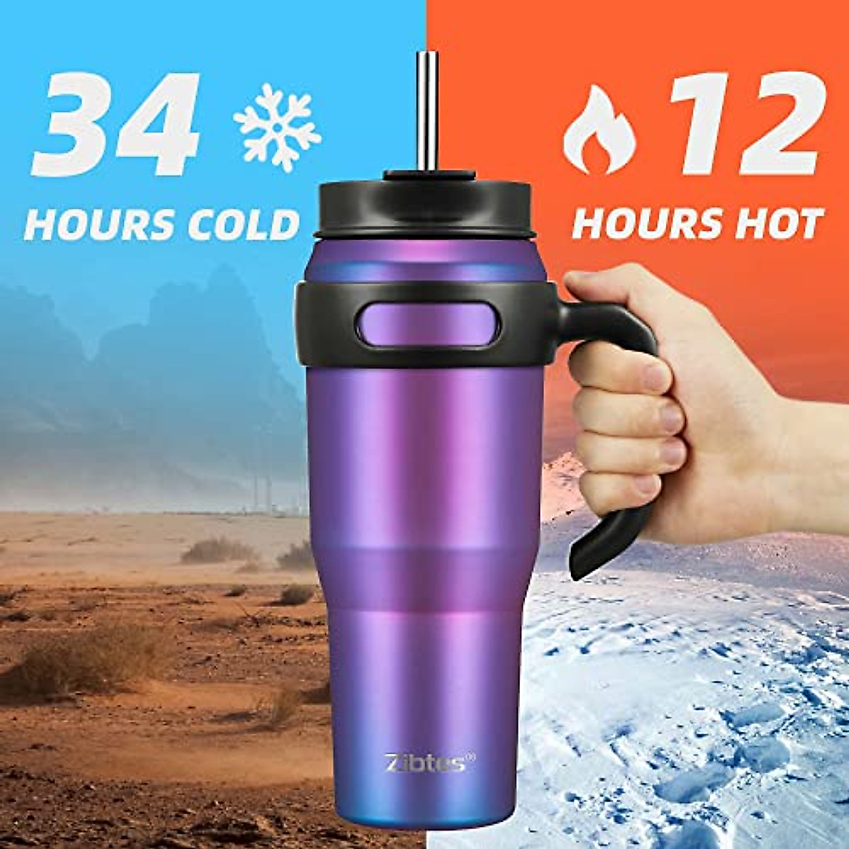 Zibtes 40oz Insulated Tumbler With Lid and Straws, Stainless Steel Double Vacuum Coffee Tumbler With Handle, Keeps Drinks Cold up to 34 Hours or Hot for 12 Hours(Twilight 1 pack)