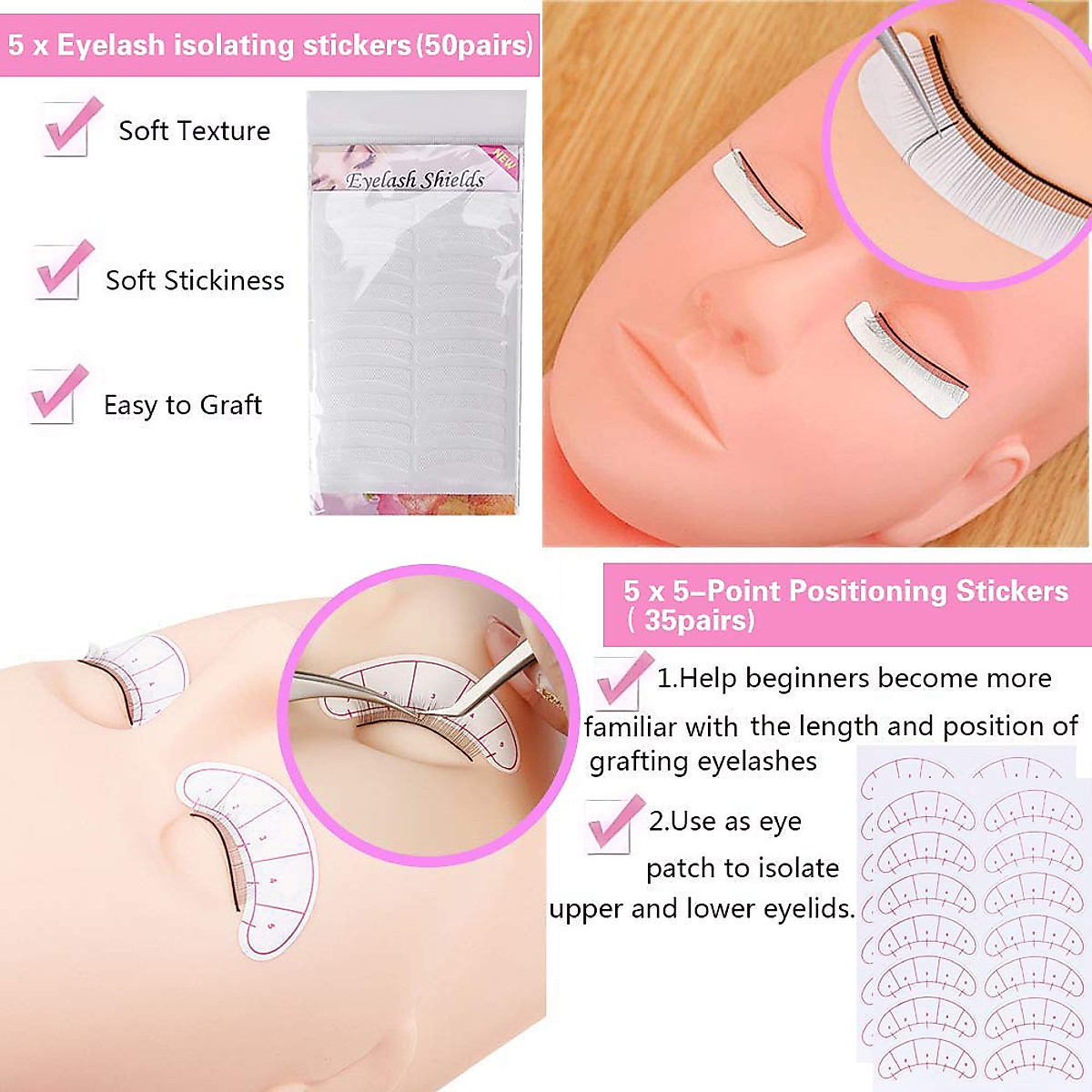 Beuaty Star Professional Lashes Kit False Eyelash Extensions Practice Kit Flat Mannequin Head Lash Extensions for Beginners Makeup Training and Eyelash Graft(No Glue)