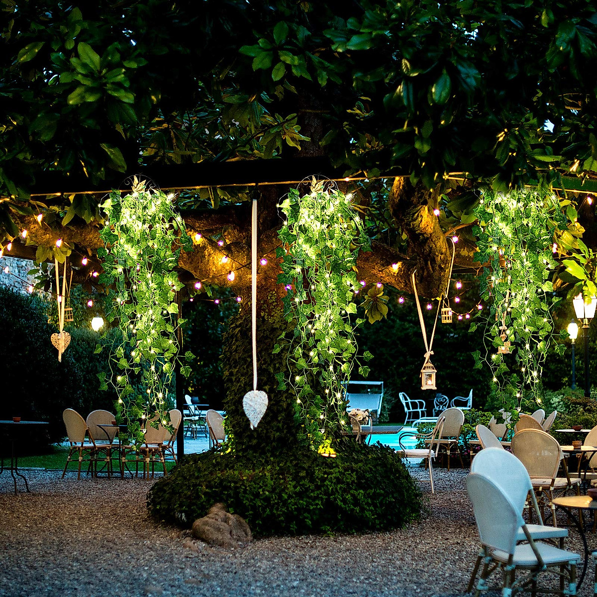 Mudder Fake Ivy Vines with Lights, LED Artificial Hanging Green Leaves Vines for Outdoors Patio Porch Decor (Basket Not Included) (Ivy Style, 3 Packs)