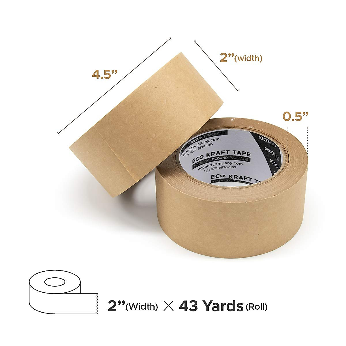 ECOAND Brown Kraft Paper Tape, 2” x 43 Yards, Writable Non-Coated Surface for Masking, Sealing, and Packaging Use, Eco-Friendly and Recyclable, Easy-to-Tear (Non-Printed)