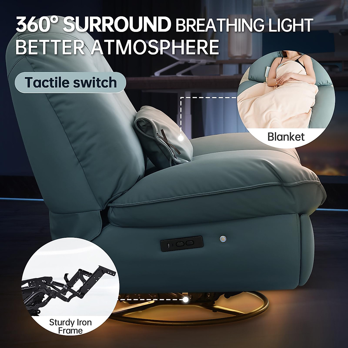 COOSLEEP Oversized Power Swivel Recliner Chair Rocker with 43.5'' Oversized Sitting Width and 270° Swivel,360° Surround Sound and Breathing Lighting,Comes with a 3-in-1 Pillow, 380 Lbs Capacity(Blue)