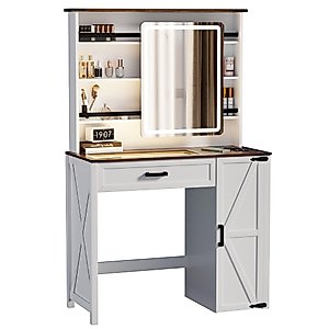 FREDEES Vanity Desk with Mirror and Lights for Small Space, Vintage Makeup Vanity Set with Glass Top & Wireless Charging Station, LED Dressing Table for Bedroom Furniture - White