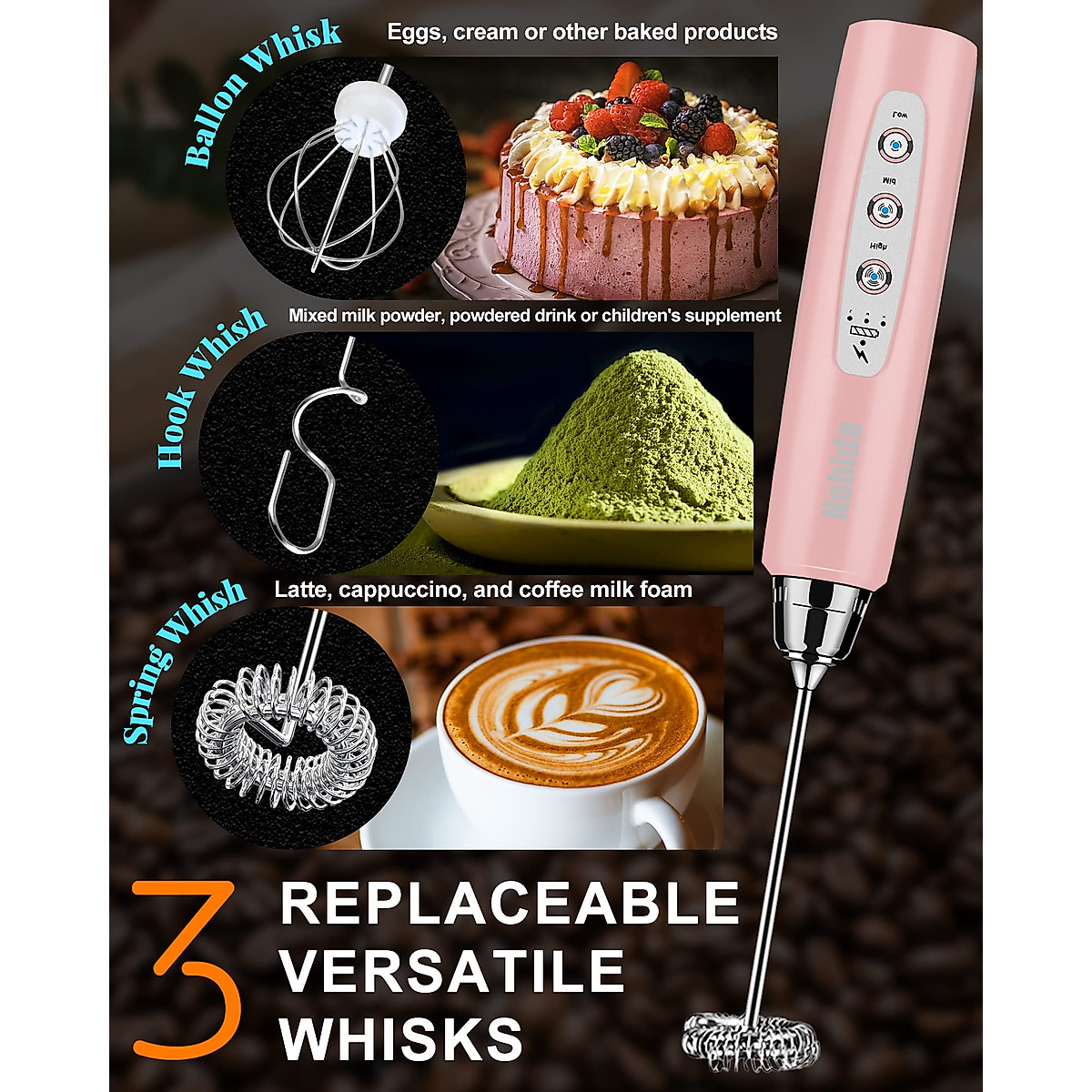 Nahida Pink Milk Frother Wand for Coffee, Frother Handheld with Stand Rechargeable Electric Whisk with 3 Heads 3 Speeds Drink Mixer Coffee Frother Foam Maker For Latte, Cappuccino, Hot Chocolate, Egg