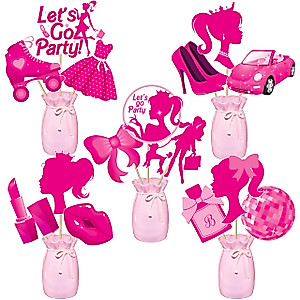 32pcs Hot Pink Girl Party Centerpiece Sticks Pink Birthday Party Decorations for Girls Hot Pink Princess Ladies Table Toppers for Bachelorette Party Bridal Shower Supplies