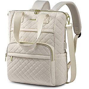 LOVEVOOK Laptop Backpack for Women 15.6 inch,Diamond Quilted Convertible Backpack Tote Laptop Computer Work Bag,Cute Womens Travel Backpack Purse College Teacher Carry on Back pack with USB Port,Beige