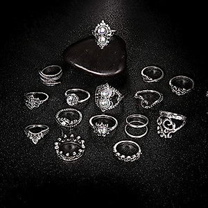 SEniutarm Engagement Love Rings Wedding Bands 16Pcs/Set Retro Boho Hamsa Hand Crown Finger Midi Knuckle Stacking Rings Jewelry for Women/Girl Finger Rings DIY Jewelry Gifts - Antique Silver