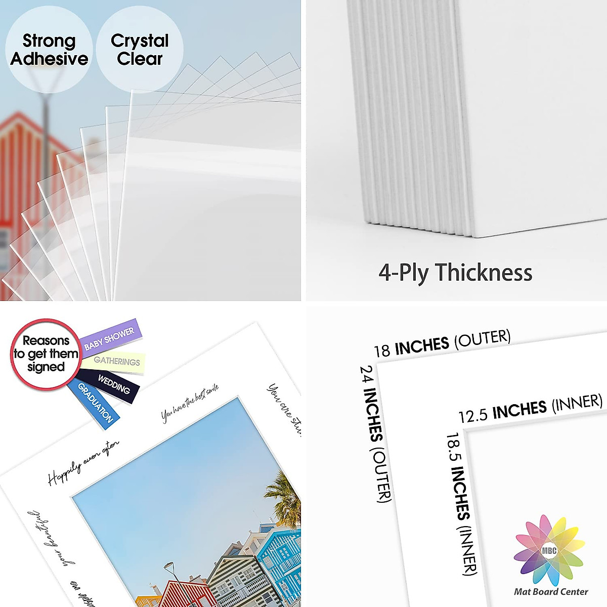 MBC MAT BOARD CENTER, Pack of 10-18x24 Pre-Cut 13x19 - White Mats - for Pictures, Photos, Framing - Kit Includes: 10 White Backboards and 10 Clear Bags - Acid Free, 4-ply Thickness, White Core