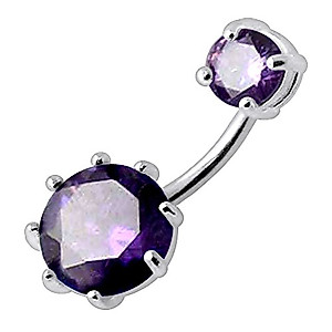 Purple Claw Set 6MM and 10MM Round CZ Stone 925 Sterling Silver Double Side Belly Button Ring Jewelry