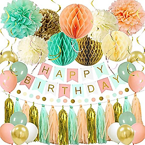 Birthday Party Decorations for Girls Women Her with Happy Birthday Banner,Honeycomb ball,Circle Dots Garland,Hanging Swirls Paper Pompoms,Paper Tassels Garland for Mint Green Gold Peach Birthday Decor