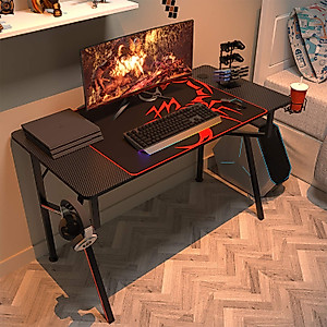 DESIGNA Gaming Desk 47'', K-Shaped Computer Desk, Office Desk Gamer Style with Mouse Pad, Cup Holder, Headphone Hook, Controller Stand, Easy to Assemble, Carbon Fiber Desktop, Black